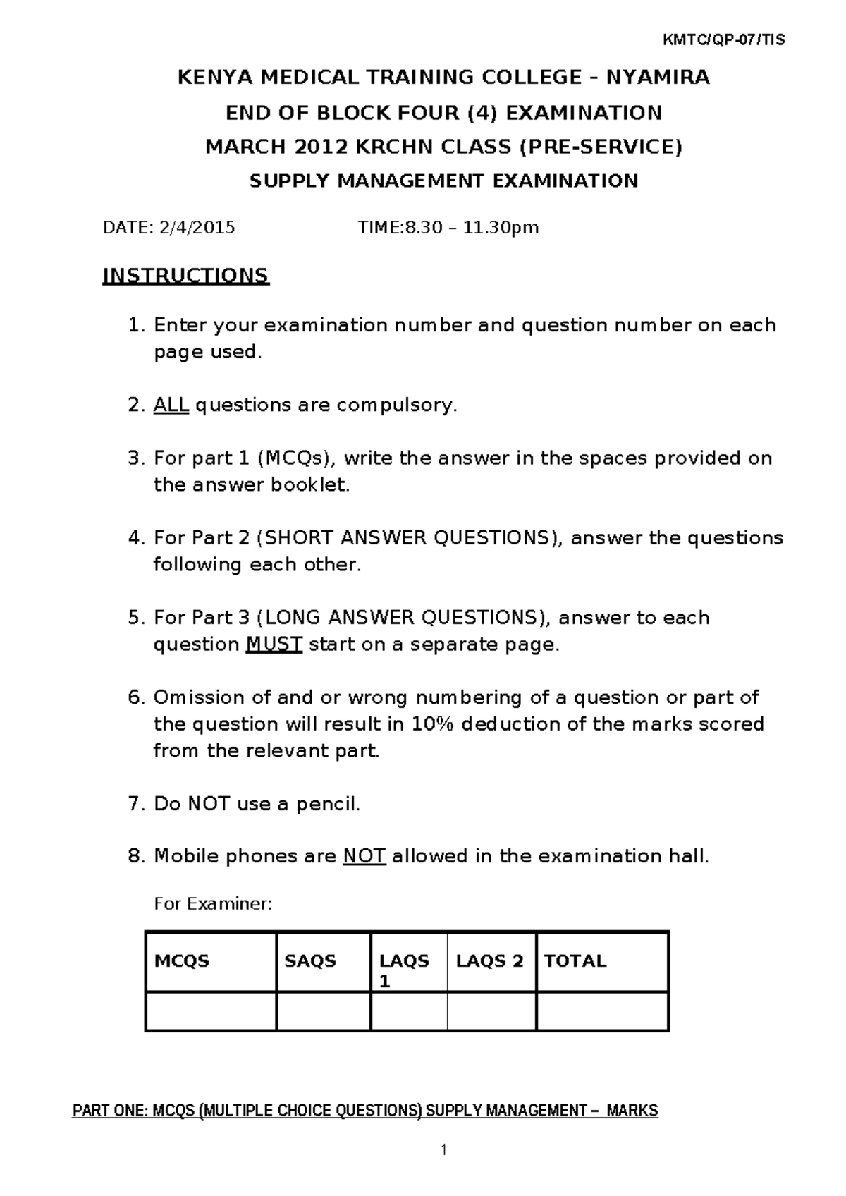 KENYA MEDICAL TRAINING COLLEGE KRCHN END OF BLOCK 4 EXAM MARCH 2012 ...