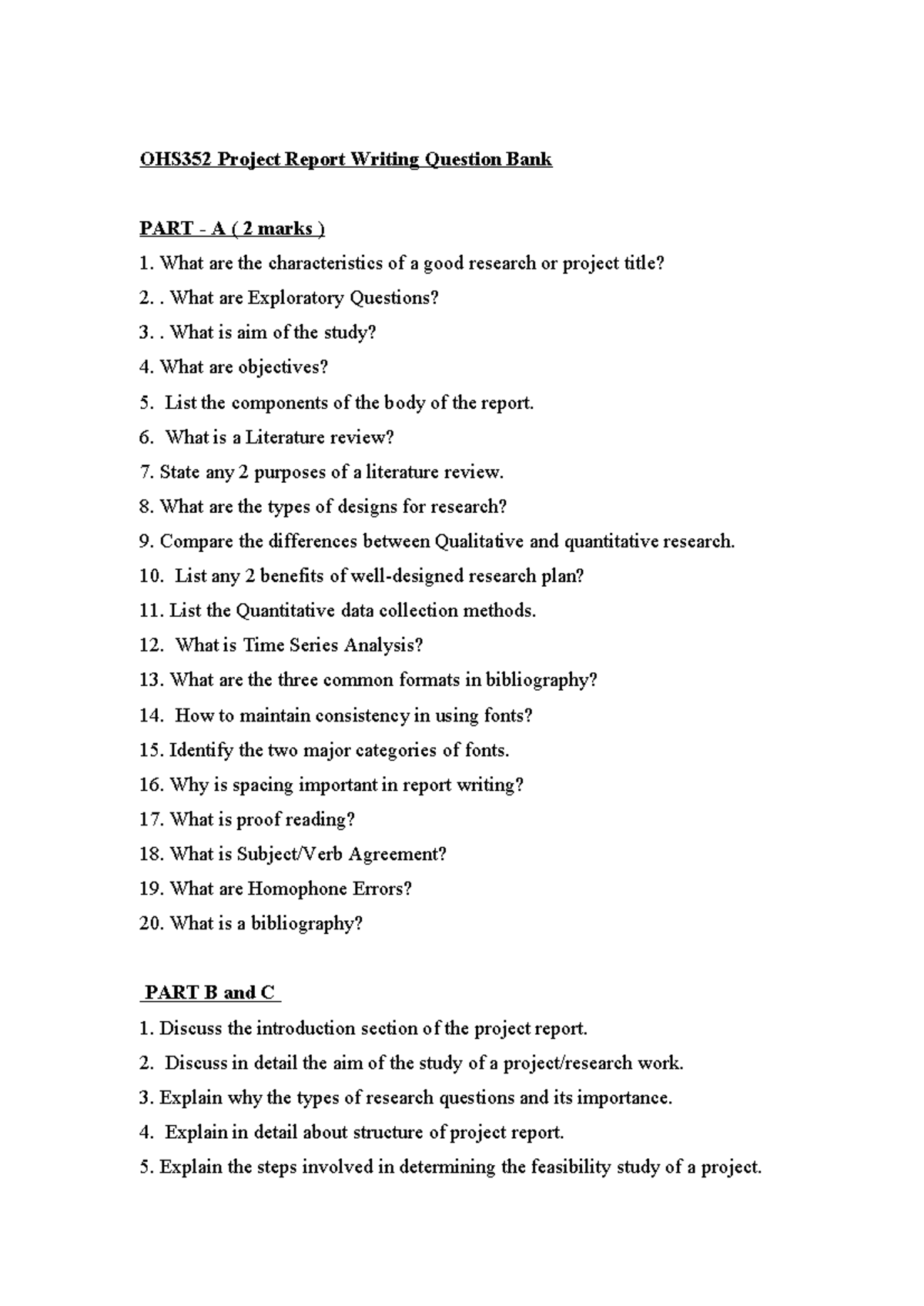 OHS352 Project Report Writing: Comprehensive Question Bank - Studocu
