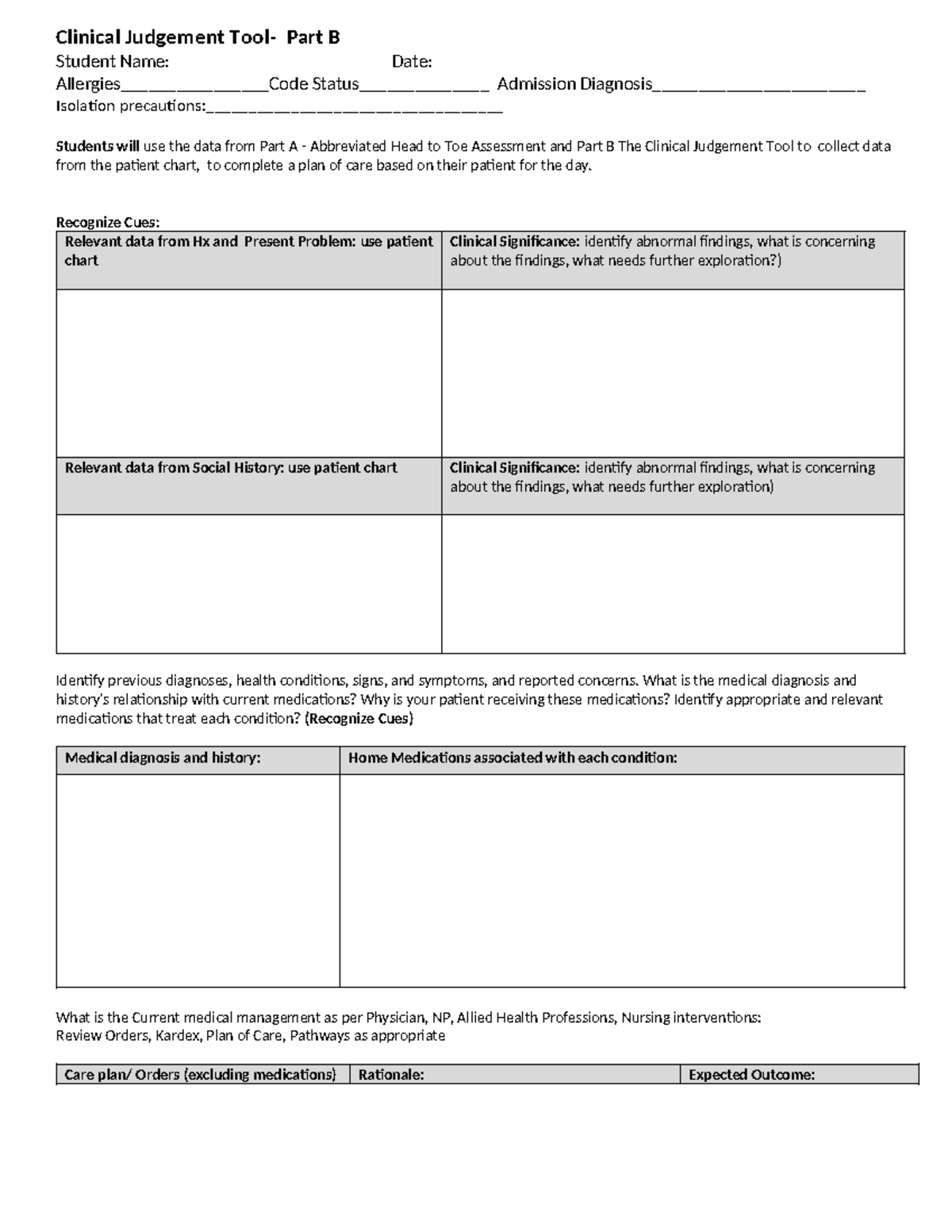 NSE 211 CJA - Part B Clinical Judgement Tool: Patient Care Plan - Studocu