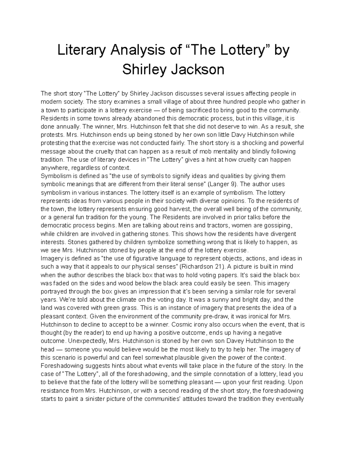Literary Analysis of “The Lottery” by Shirley Jackson - The story ...