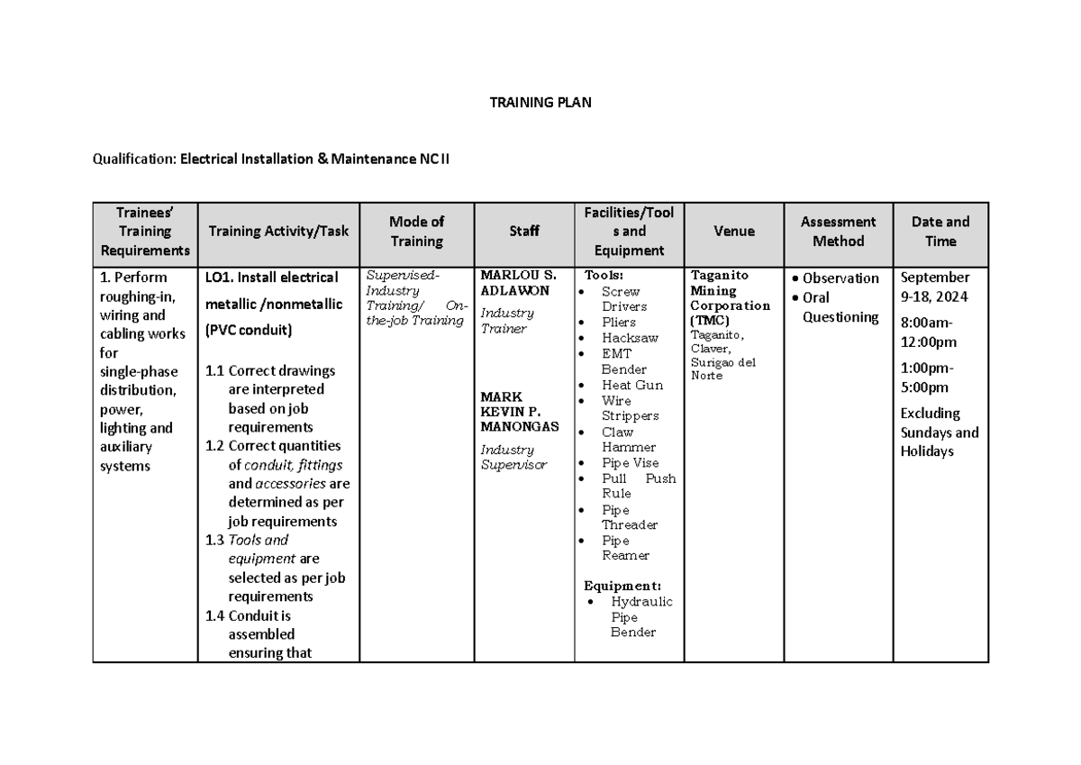 TRAINING PLAN: Electrical Installation Maintenance NC II Site ...