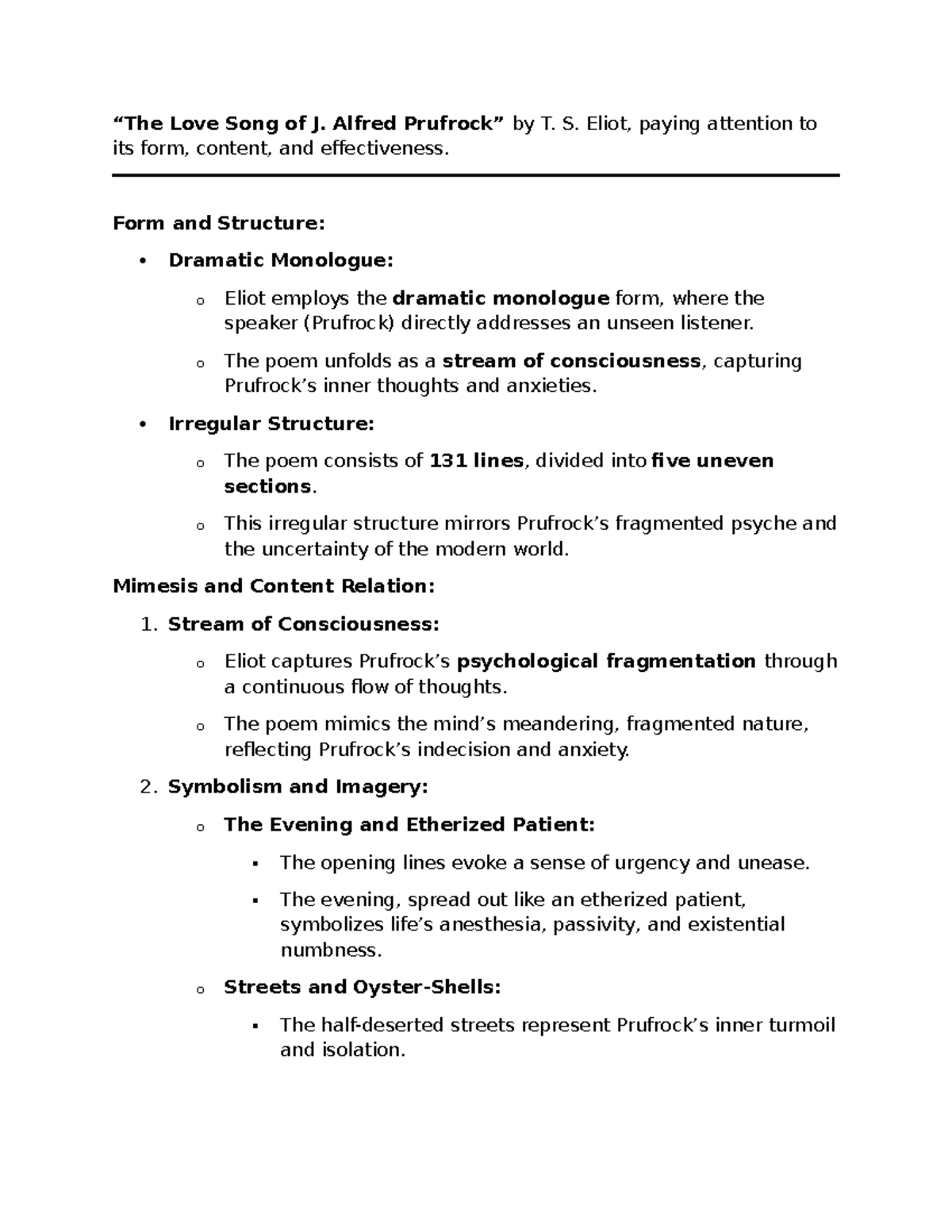 Analysis of "The Love Song of J. Alfred Prufrock" by T. S. Eliot - Studocu
