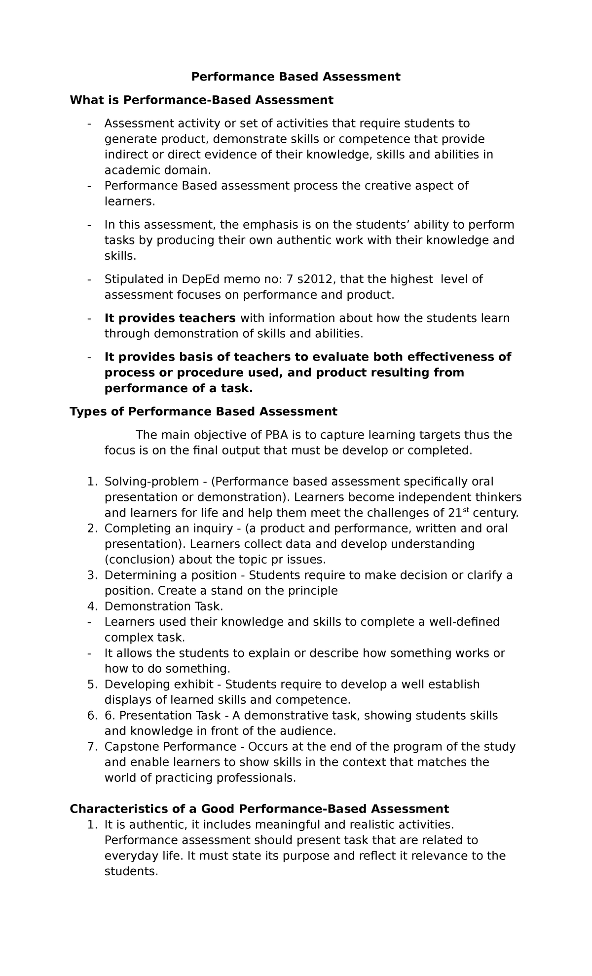 Performance Based Assessment: Understanding and Types of PBA - Studocu