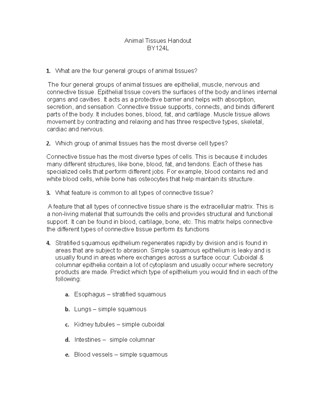 Animal tissues handout 124L: Overview of tissue types and functions ...