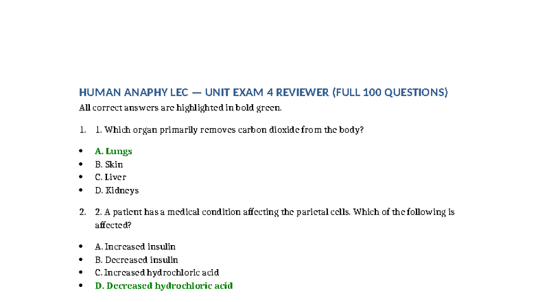 HUMAN ANAPHY LEC UNIT EXAM 4 REVIEWER (100 QUESTIONS) - Studocu