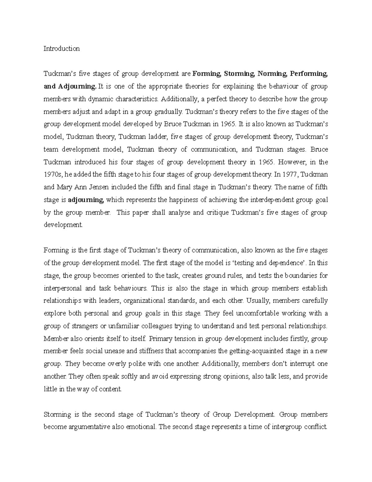 Tuckman's Five Stages of Group Development: A Critical Analysis - Studocu