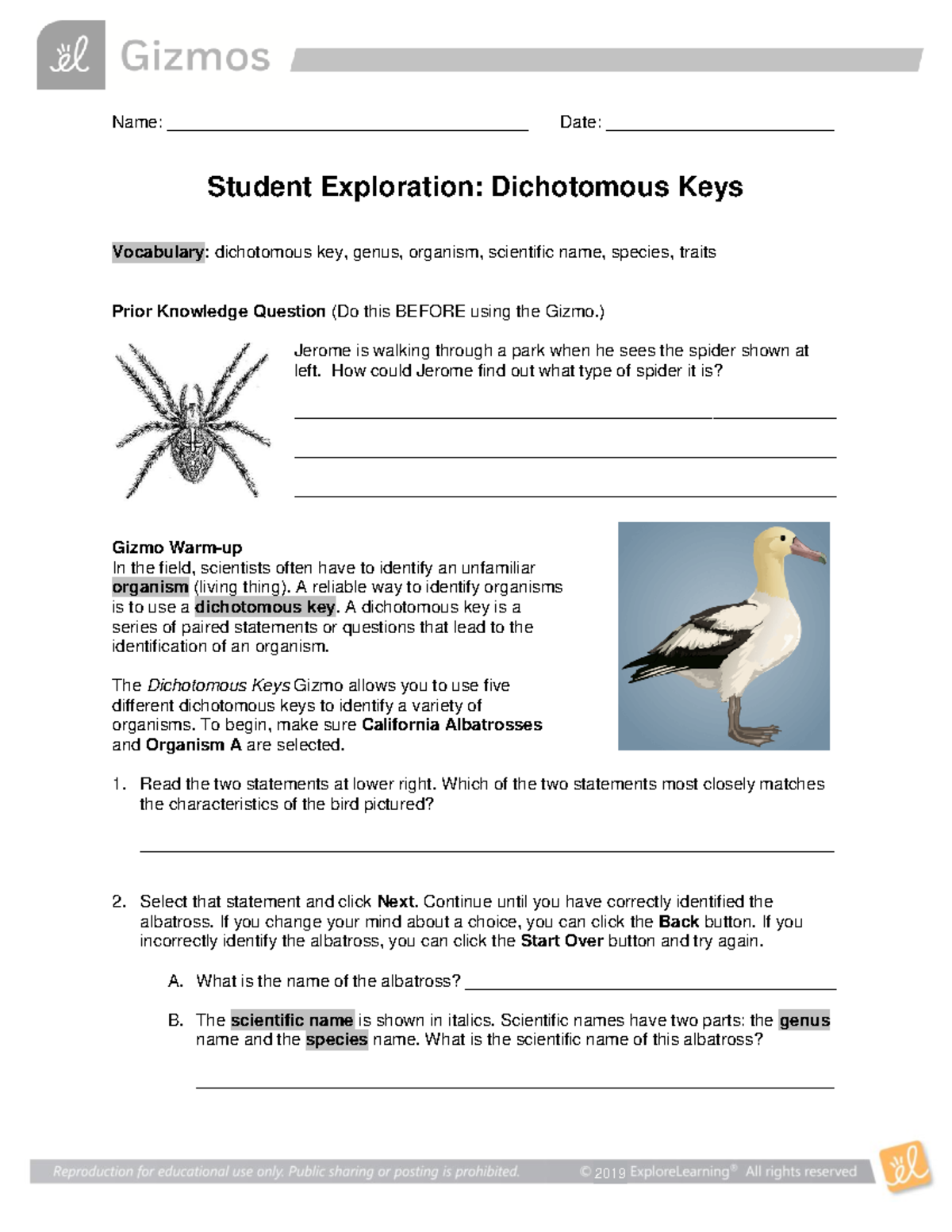 Dichotomous Keys SE - Answer Key for Student Exploration - Studocu