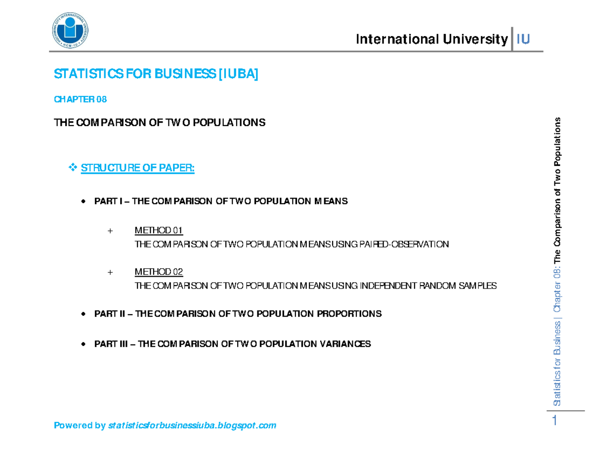 Chapter 08 - Comparison OF TWO Populations - St at ist ics for Business ...