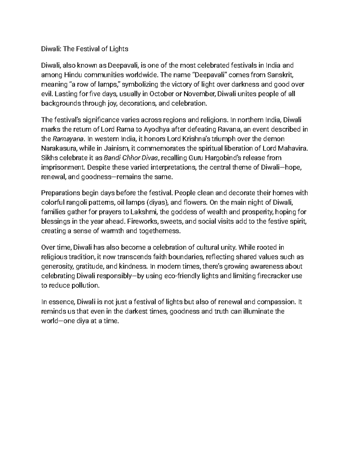 Diwali: The Festival of Lights - Essay Notes - Studocu