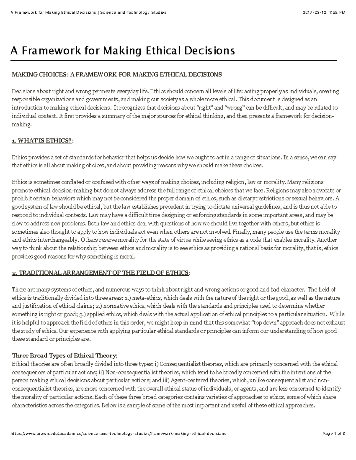 48533 Ethical Framework 40774 Brown University AFrameworkfor Making ...