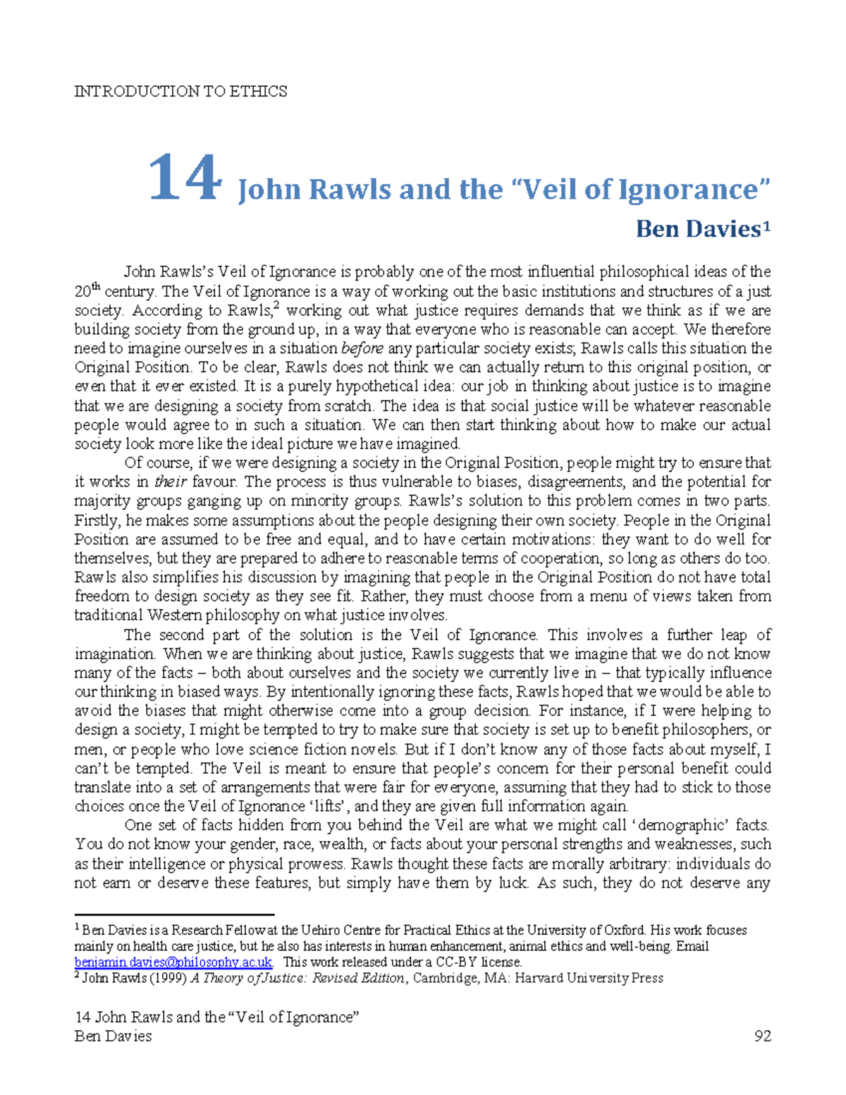 INTRODUCTION TO ETHICS 14: Ben Davies on Rawls' Veil of Ignorance ...