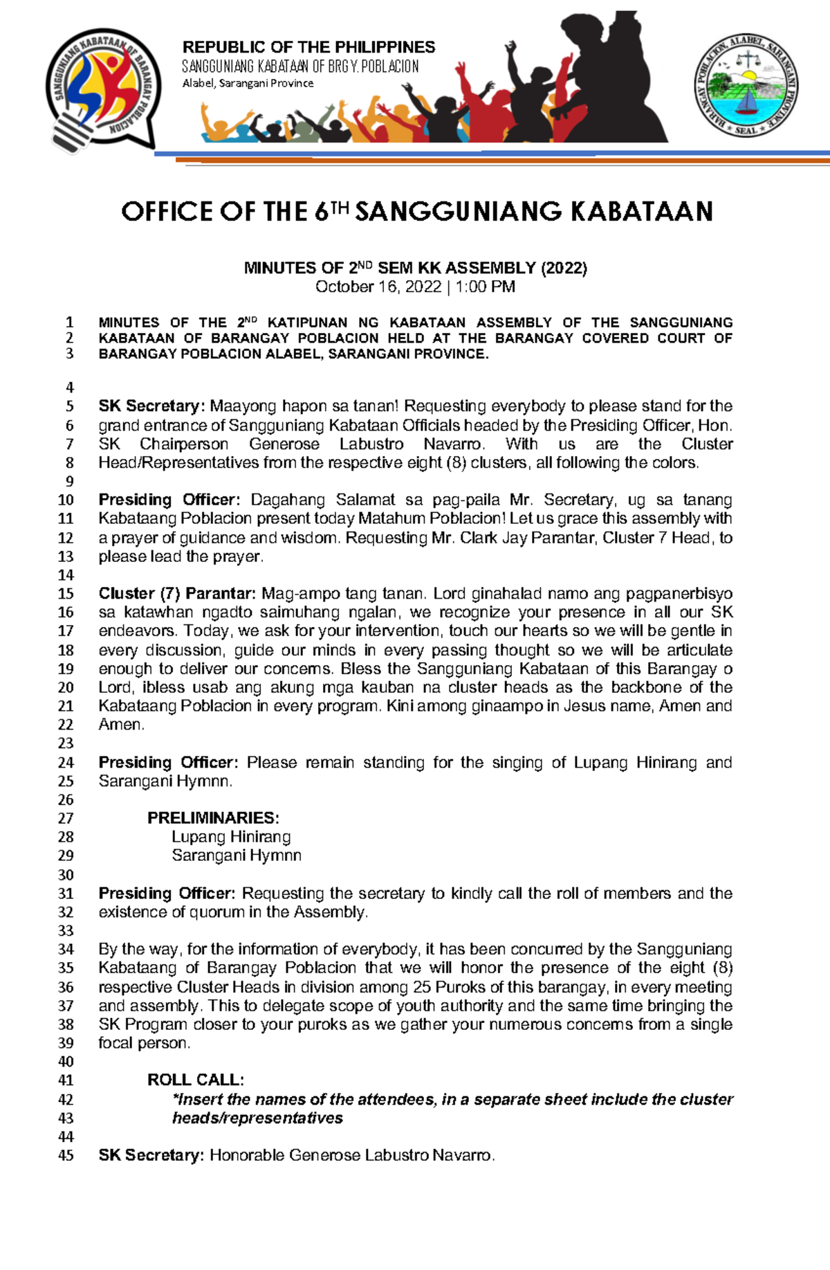 (2022) 2nd Sem - KK General Assembly Minutes of Barangay Poblacion ...