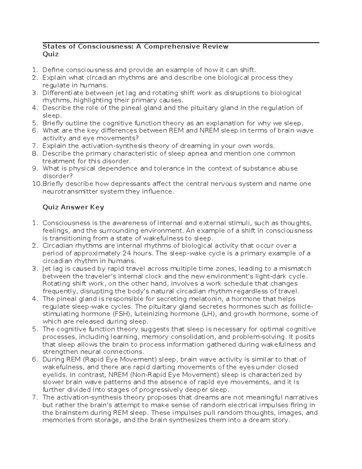 States of Consciousness and Sleep Disorders: Quiz 1 Review - Studocu