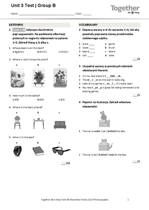 Junior Explorer 4 Unit 5 Test A - Grupa 2 Study Guide - Studocu