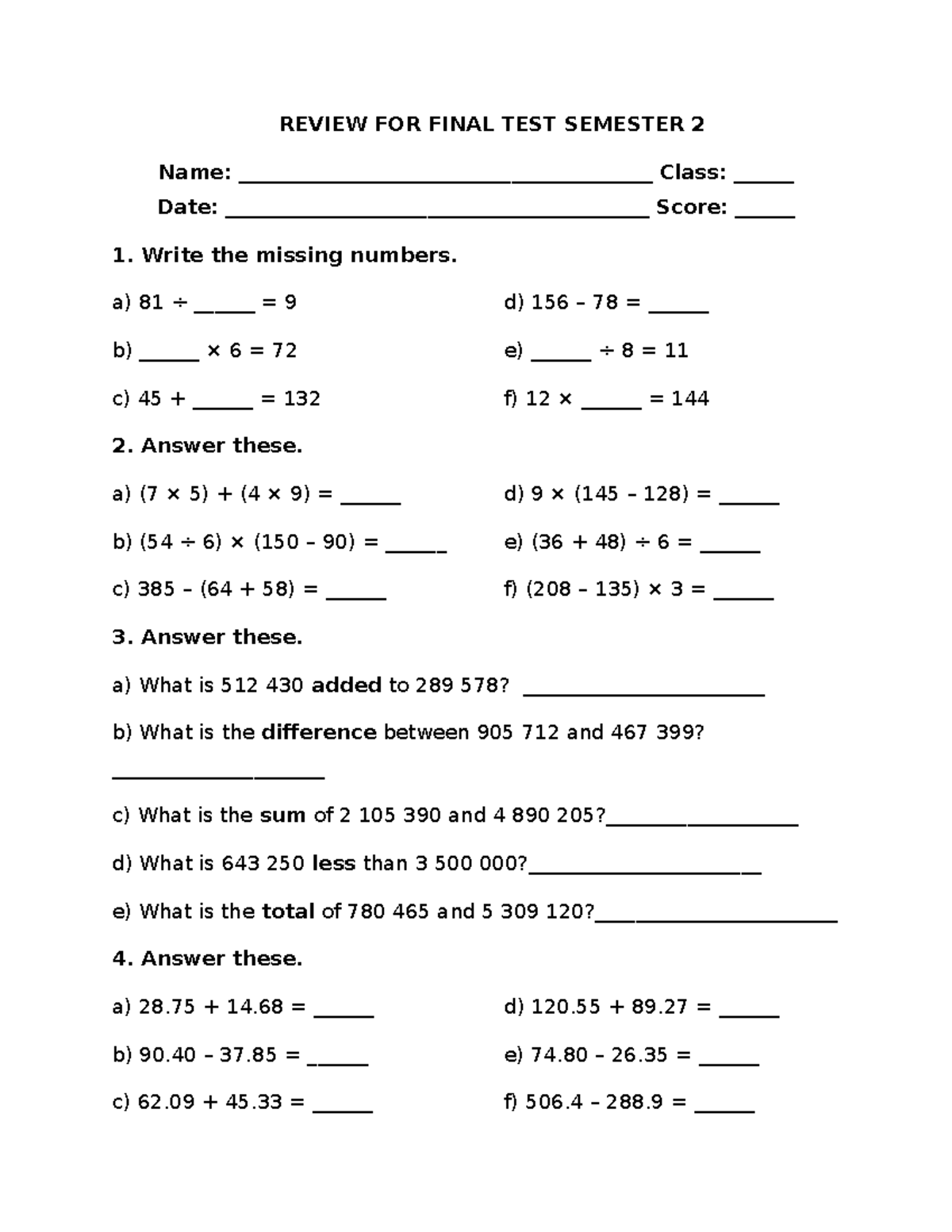 HUGO MATH - Review for Final Test Semester 2 - Studocu