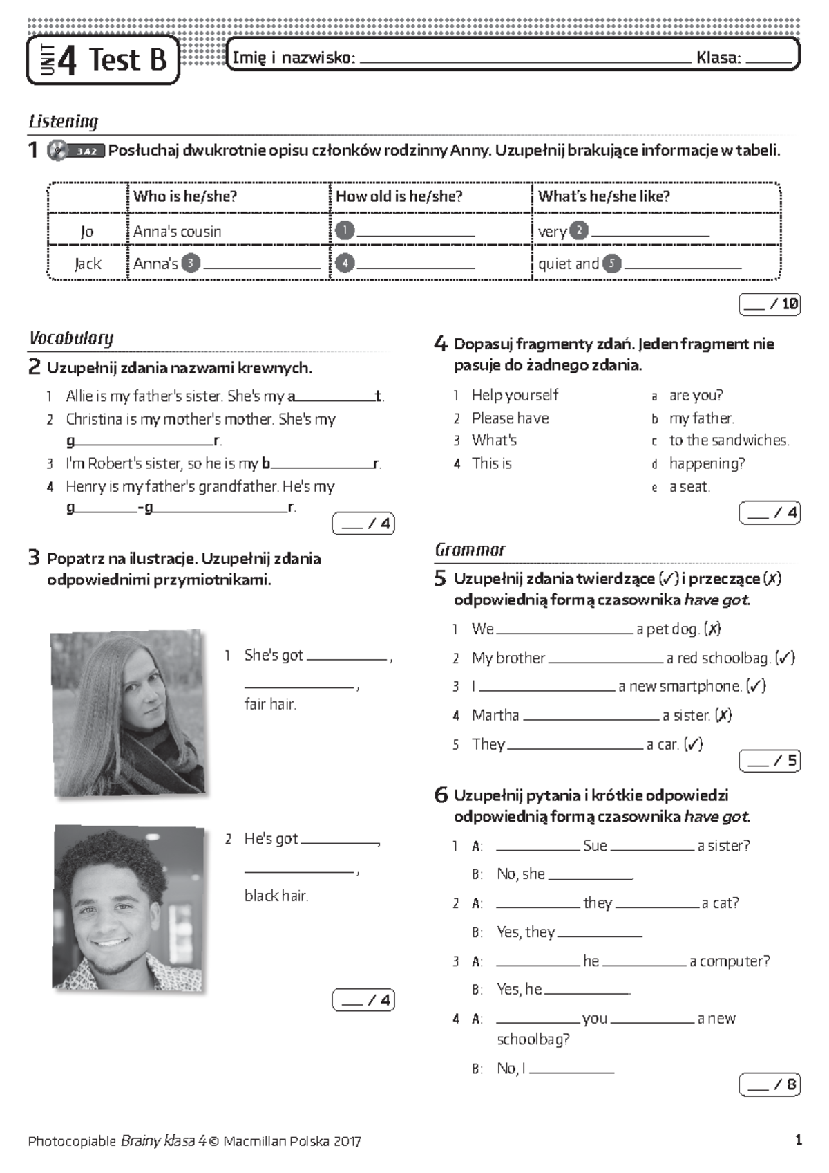 Brainy 4 Unit Test 4B - Listening, Vocabulary & Grammar - Studocu