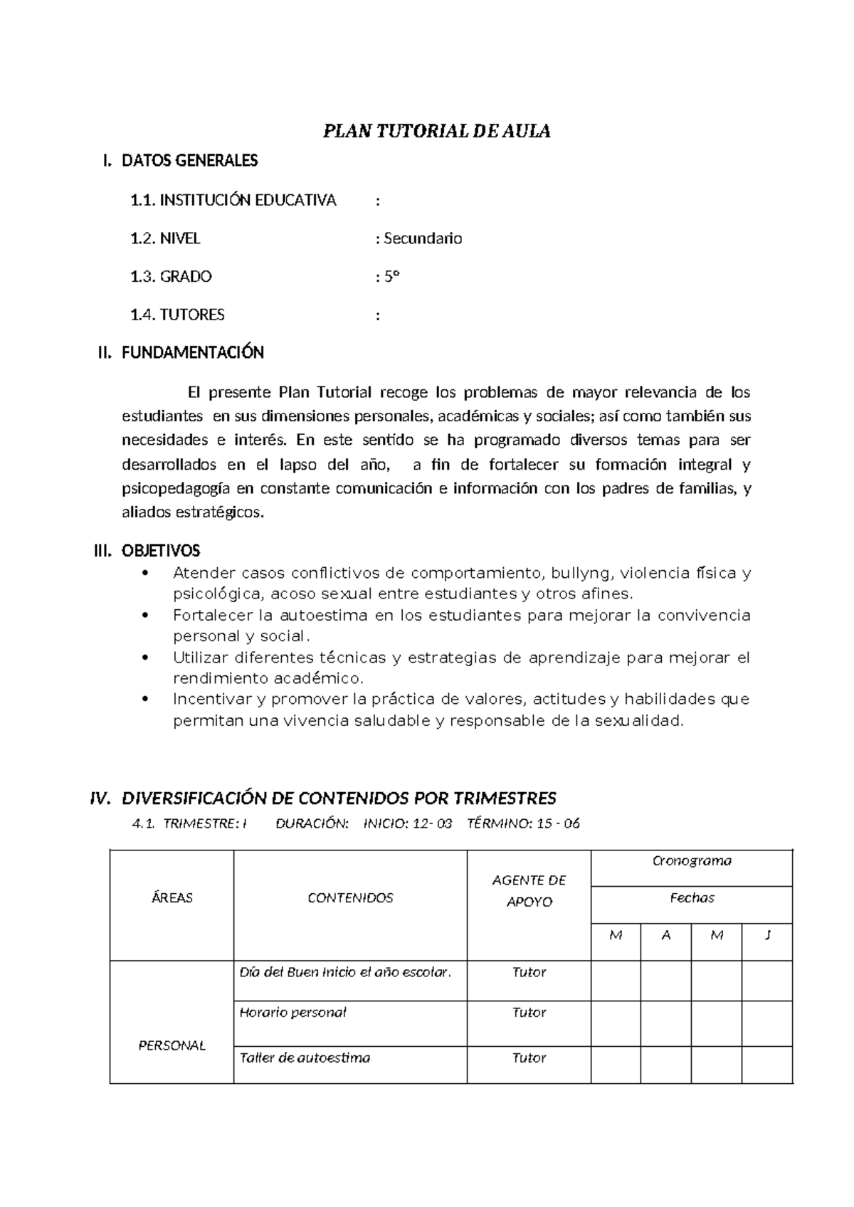 PLAN Tutorial - PLAN DE TUTORIA - PLAN TUTORIAL DE AULA I. DATOS ...