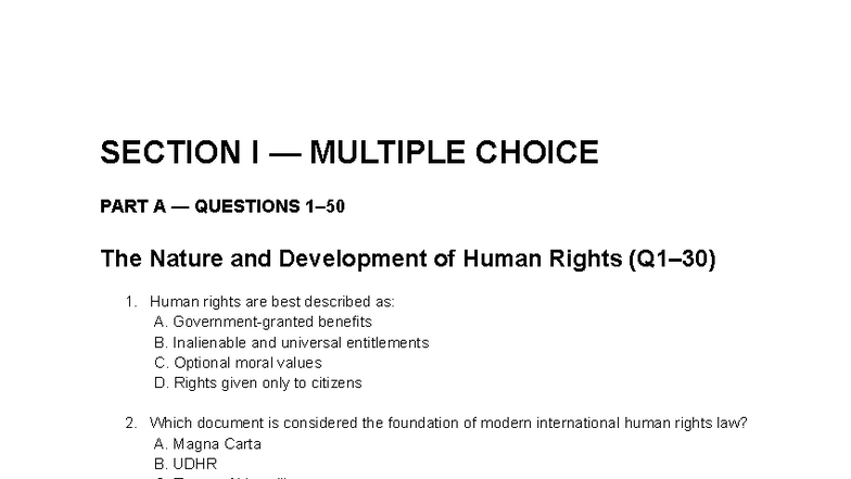 Legal Human Rights Mega Past Paper: Multiple Choice Questions - Studocu