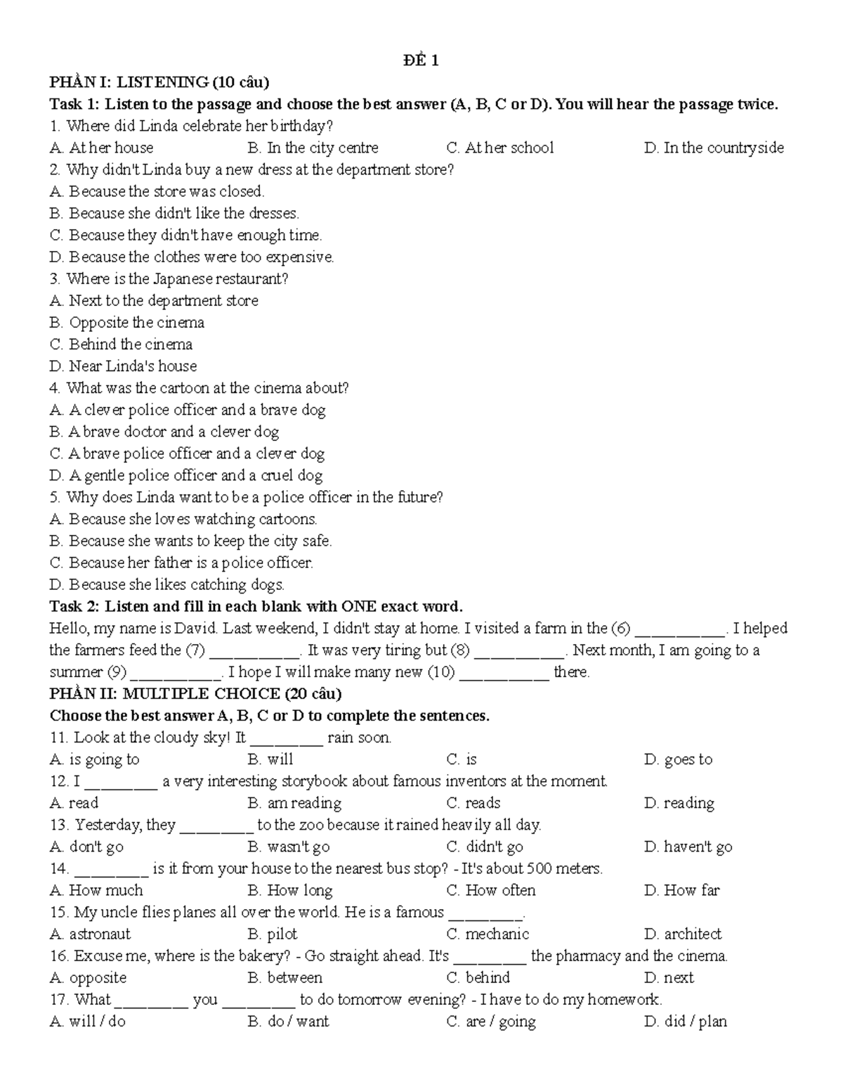 ĐỀ 1: Listening and Multiple Choice Practice for English Learners - Studocu