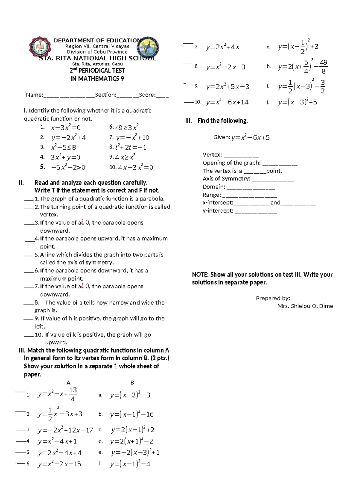 Math 9 - Periodical Test on Quadratic Functions and Their Properties ...