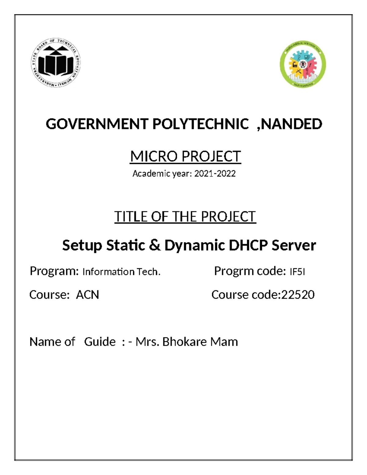 ACN Micro Project: Static & Dynamic DHCP Server Setup (IF5I) - Studocu