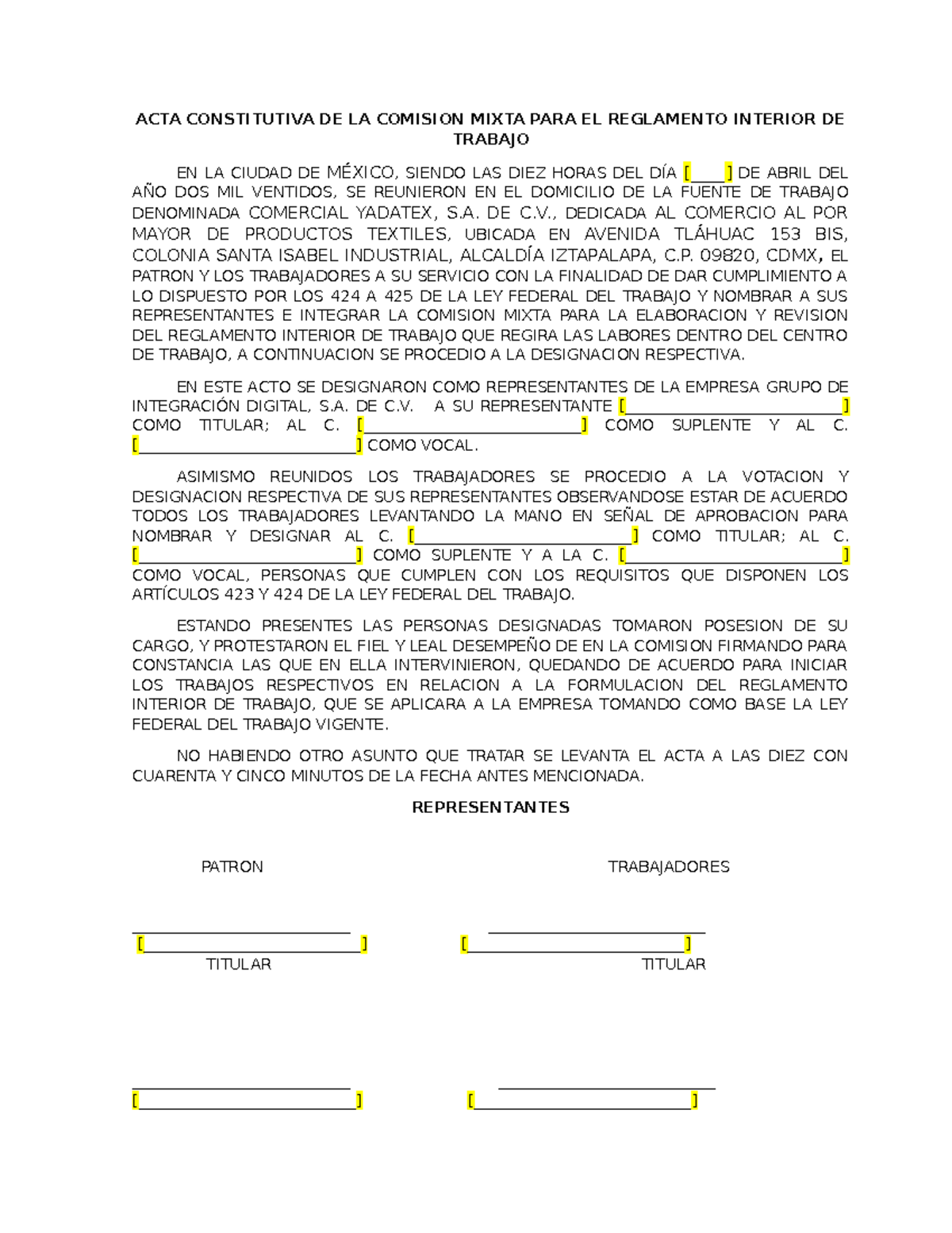 Acta Constitutiva Comisión Mixta para el Reglamento Interior de Trabajo ...