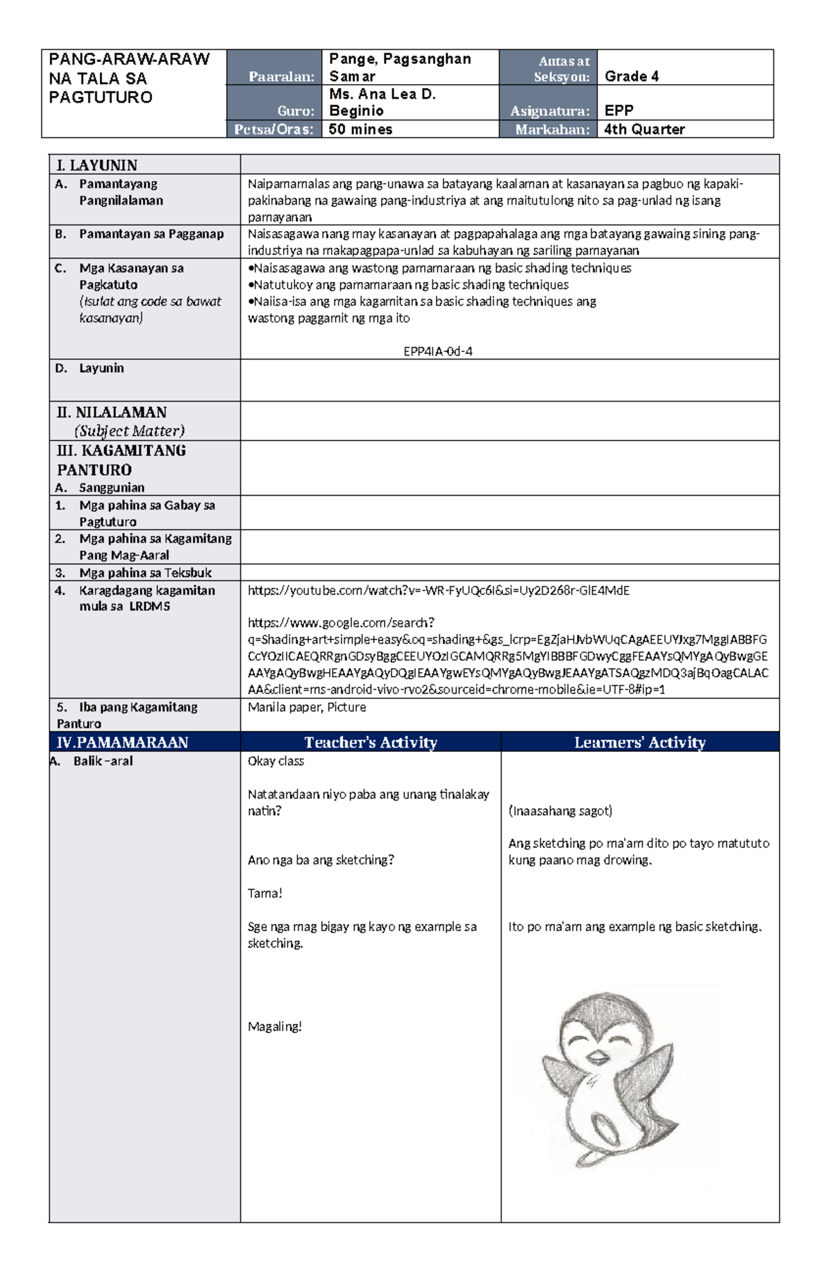 Lesson Plan for EPP Grade 4: Basic Shading Techniques - Studocu
