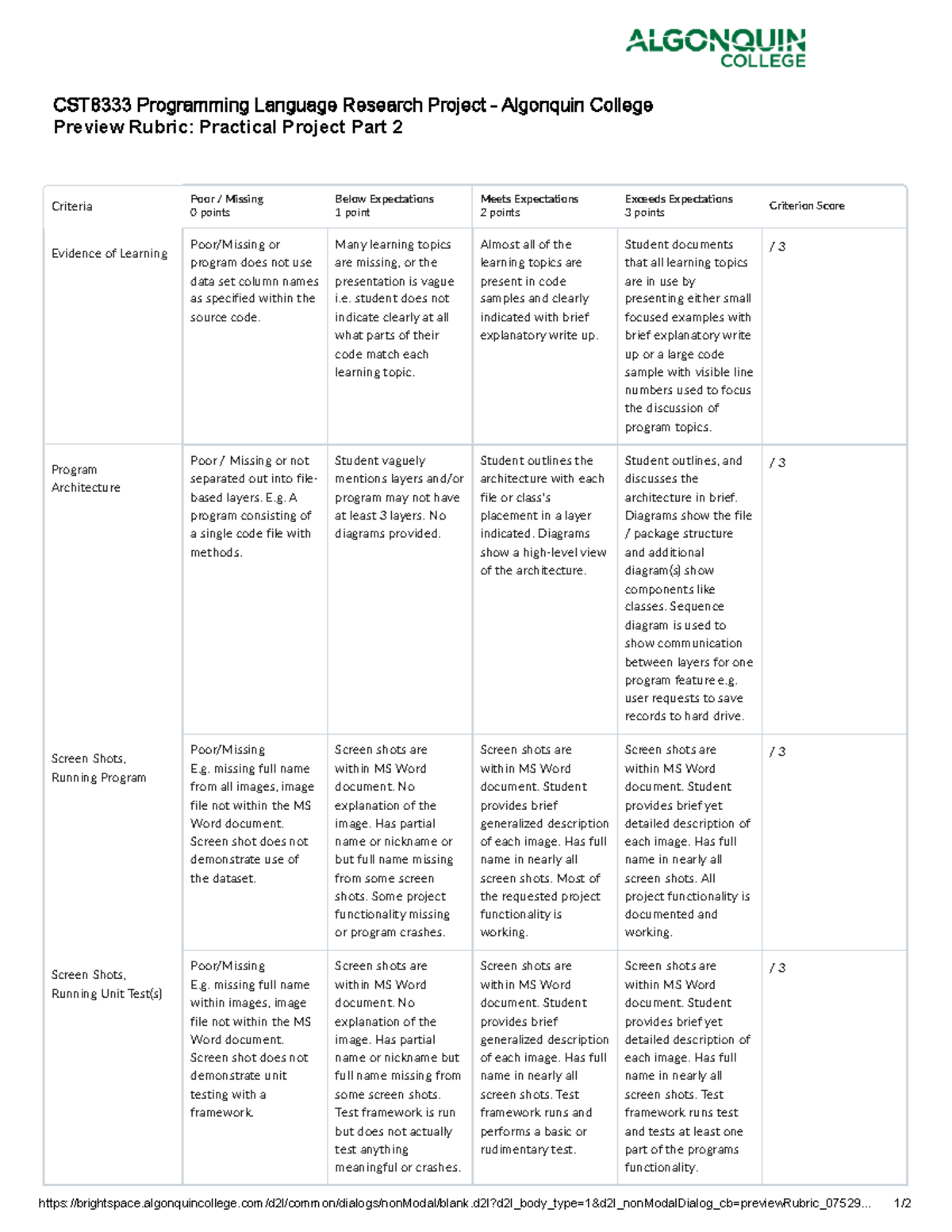 CST8333-Rubric-Practical Project Part 2 - CST8333 Programming Language ...