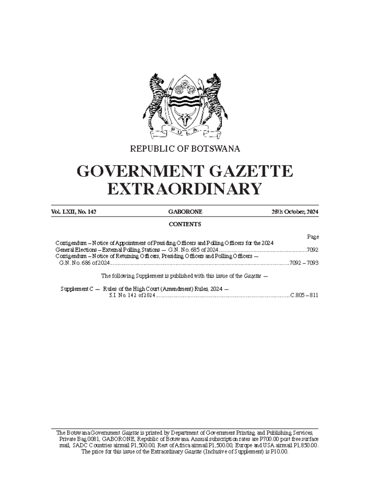 Extraordinary Government Gazette No. 142 - 25th October 2024 - Studocu