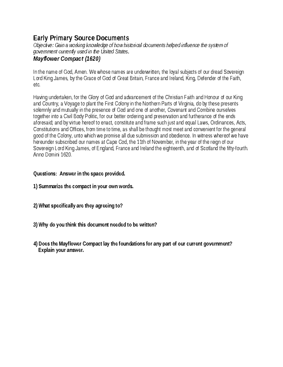 Mayflower Compact - Worksheet for Understanding Early Government ...