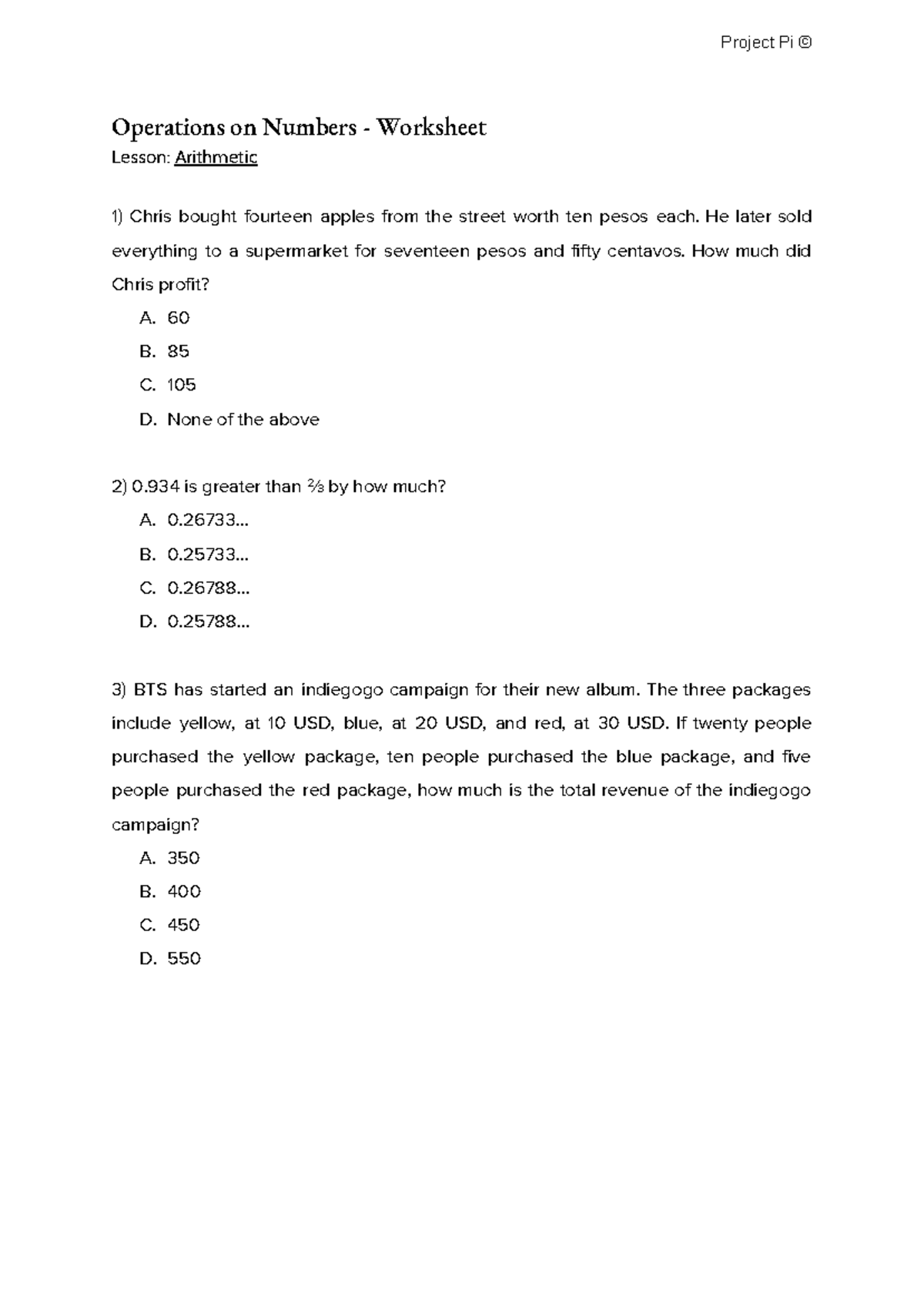Project Pi: Arithmetic Operations on Numbers Worksheet - Studocu
