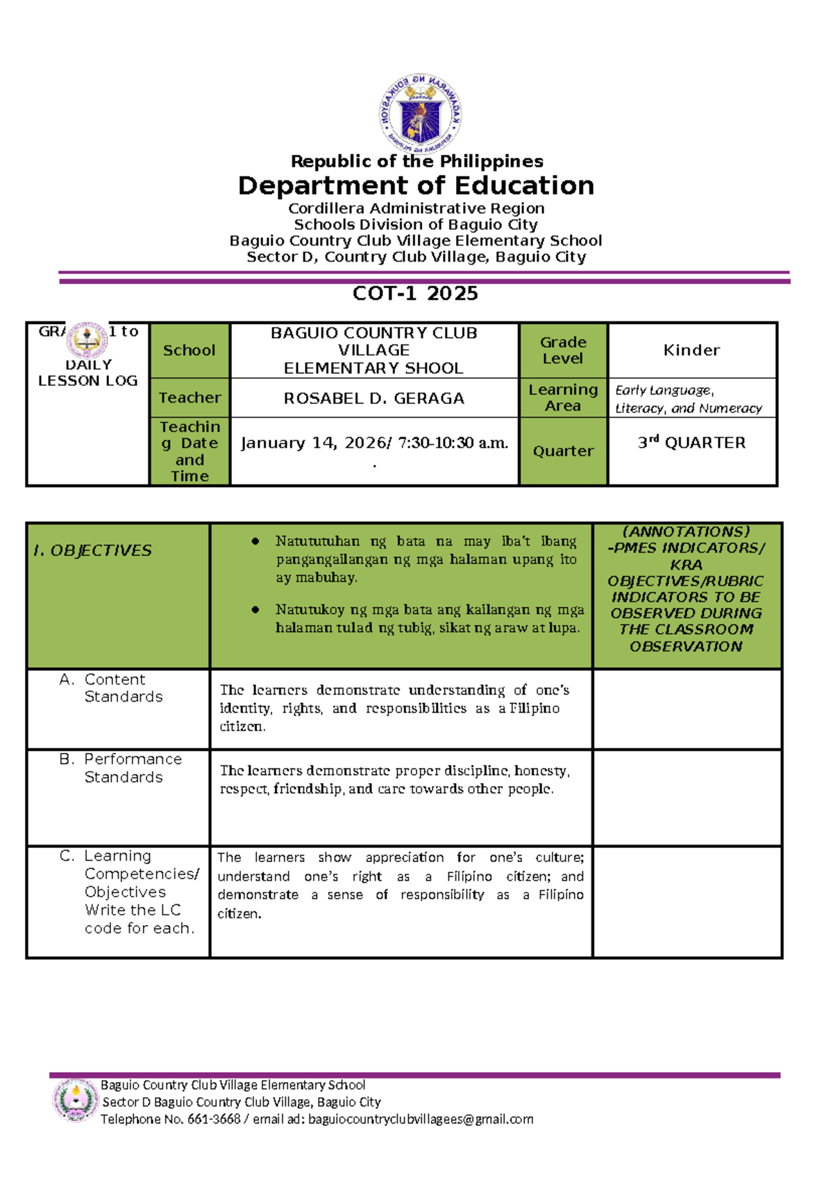 COT-1 Kinder Daily Lesson Log: Quarter 3, Week 9, Day 1 - Studocu
