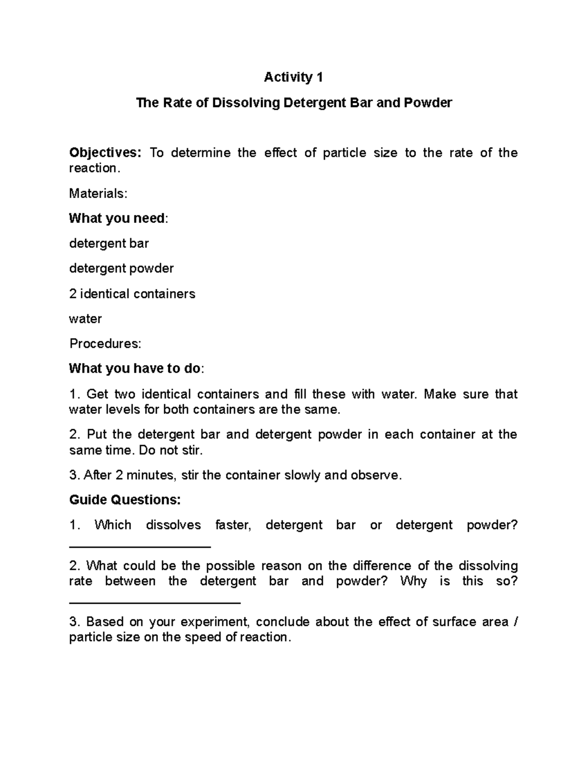 Activity 1: Rate of Dissolving Detergent Bar vs. Powder Experiment ...