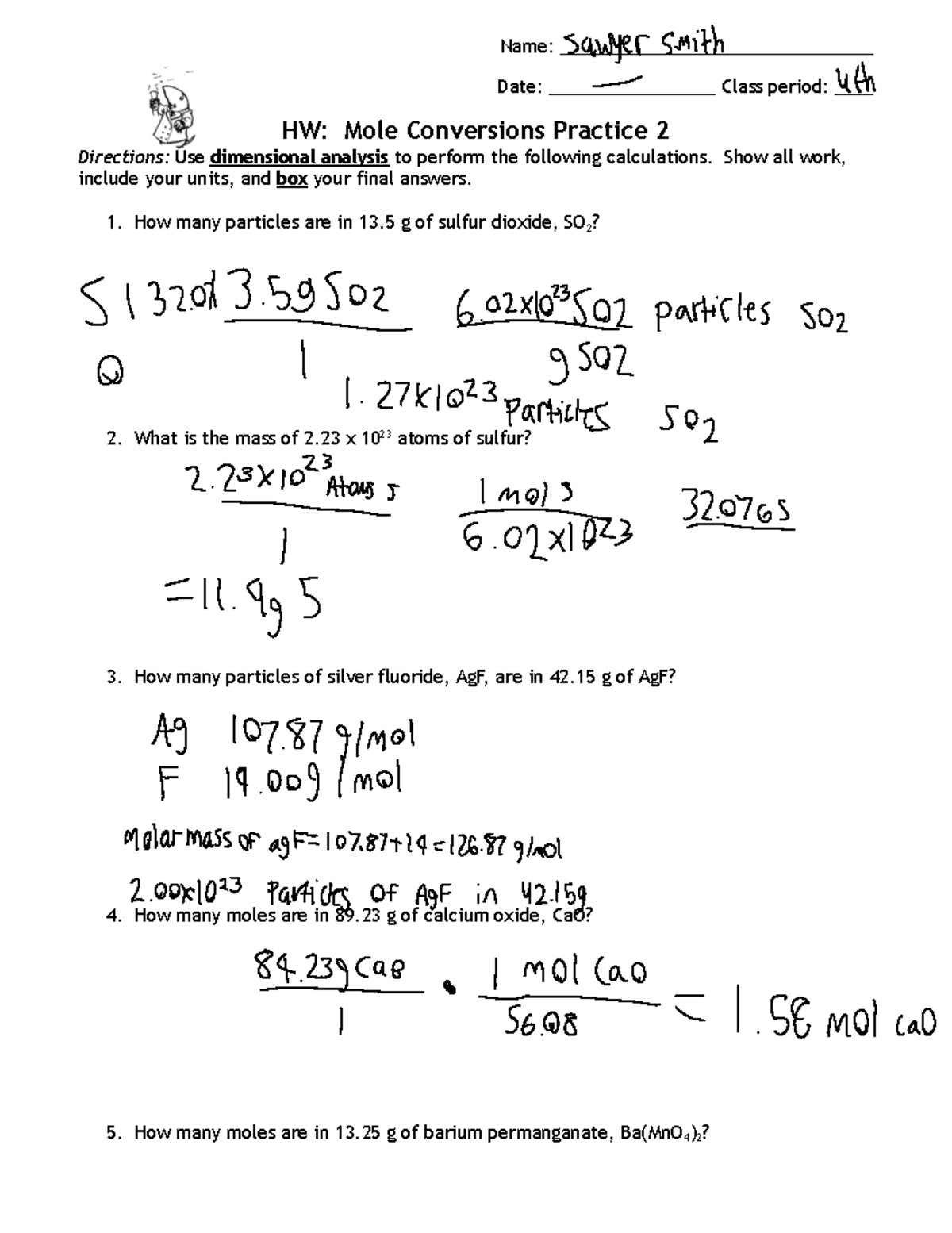 HW: Mole Conversions Practice - Molar Mass and 2-Step Calculations ...