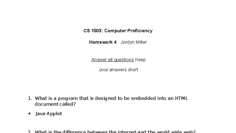CS 1003: Computer Proficiency Homework 4 - Jordyn Miller Answers - Studocu