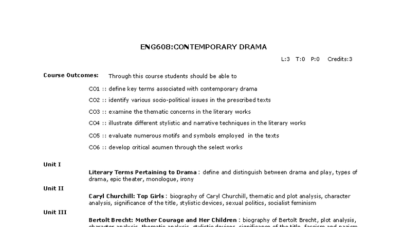 ENG608: Contemporary Drama Syllabus and Course Outcomes - Studocu