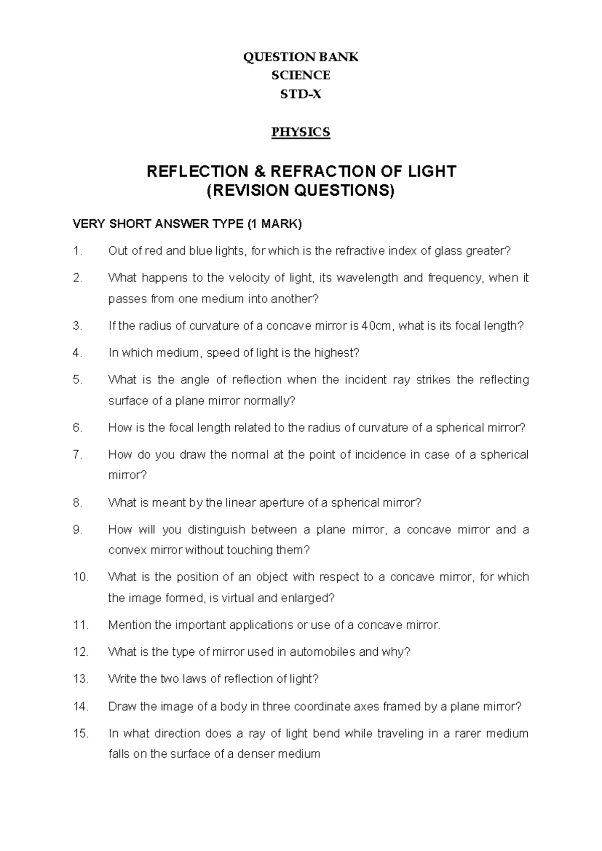 QUESTION BANK PHYSICS (SCIENCE) ON REFLECTION & REFRACTION OF LIGHT ...