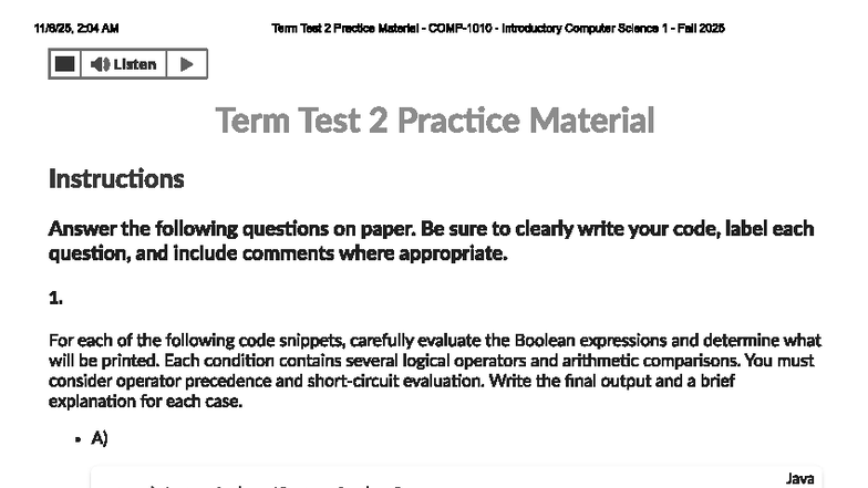 CSCI 101: Term Test 2 Practice Material - Intro to Computer Science ...