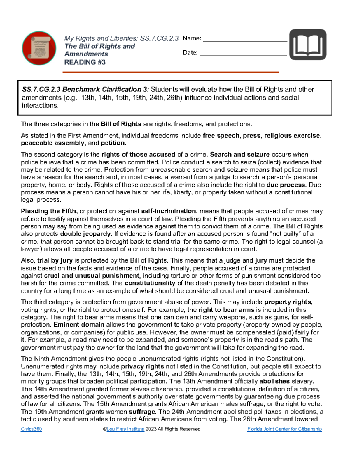 My Rights and Liberties: SS.7.CG.2.3 Bill of Rights & Amendments ...