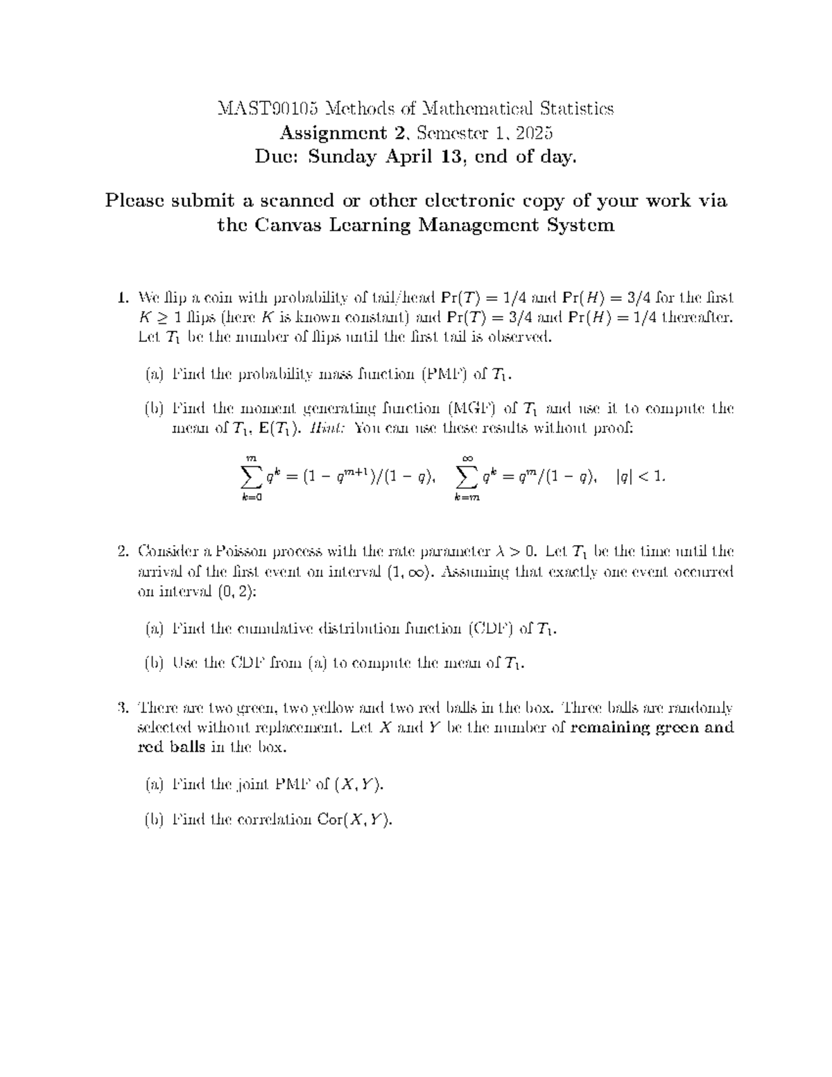 Assignment 2 - MAST90105 Methods of Mathematical Statistics Assignment 2, Semester 1, 2025 Due ...