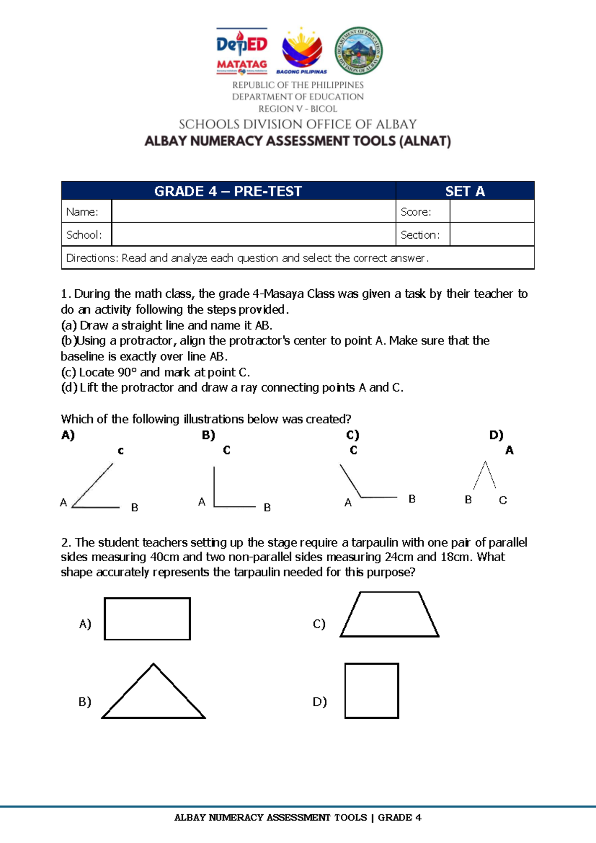 GRADE 4 MATATAG ALNAT NUMERACY ASSESSMENT SET A - Studocu