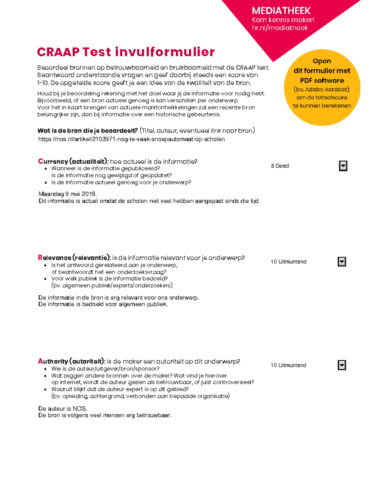 CRAAP Test Invulformulier voor Bronbeoordeling en Kwaliteitsevaluatie ...