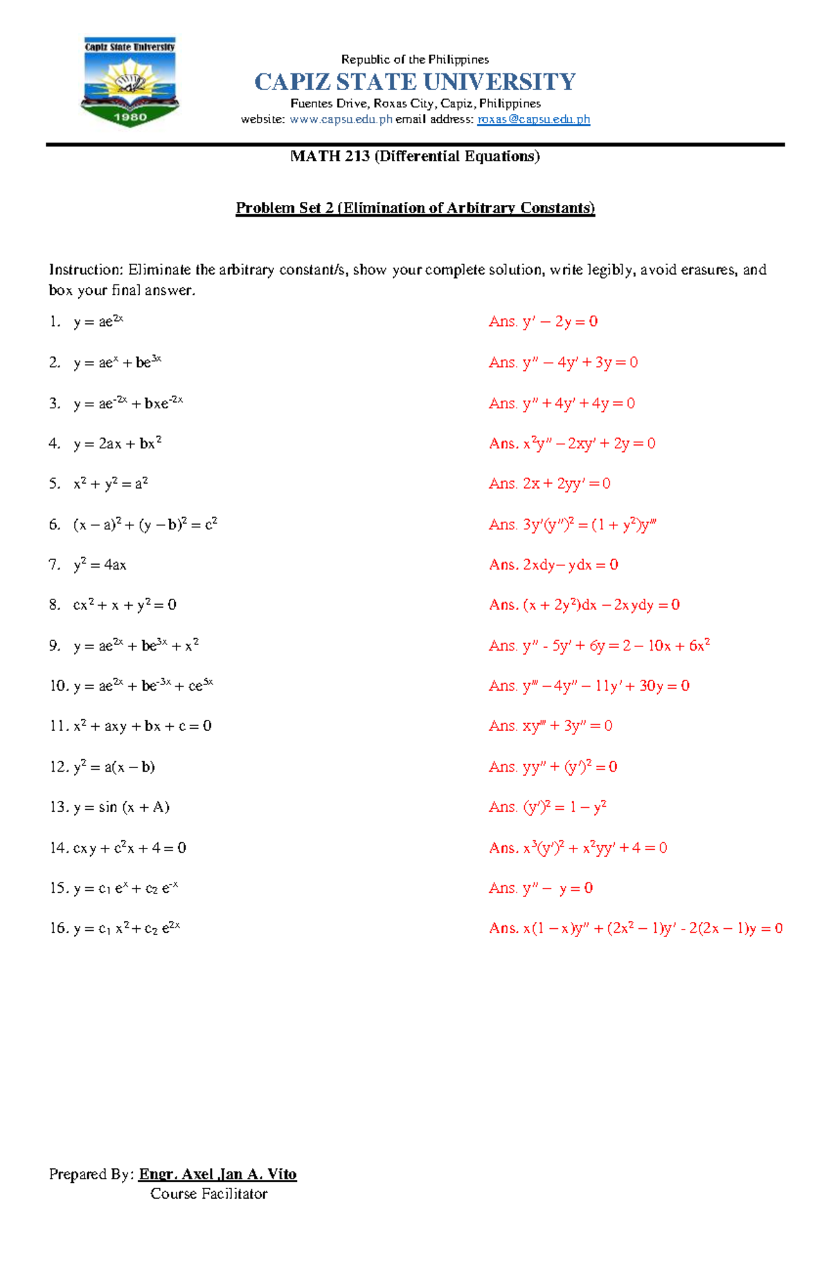 MATH 213 Problem Set 2: Eliminating Arbitrary Constants in DEs - Studocu