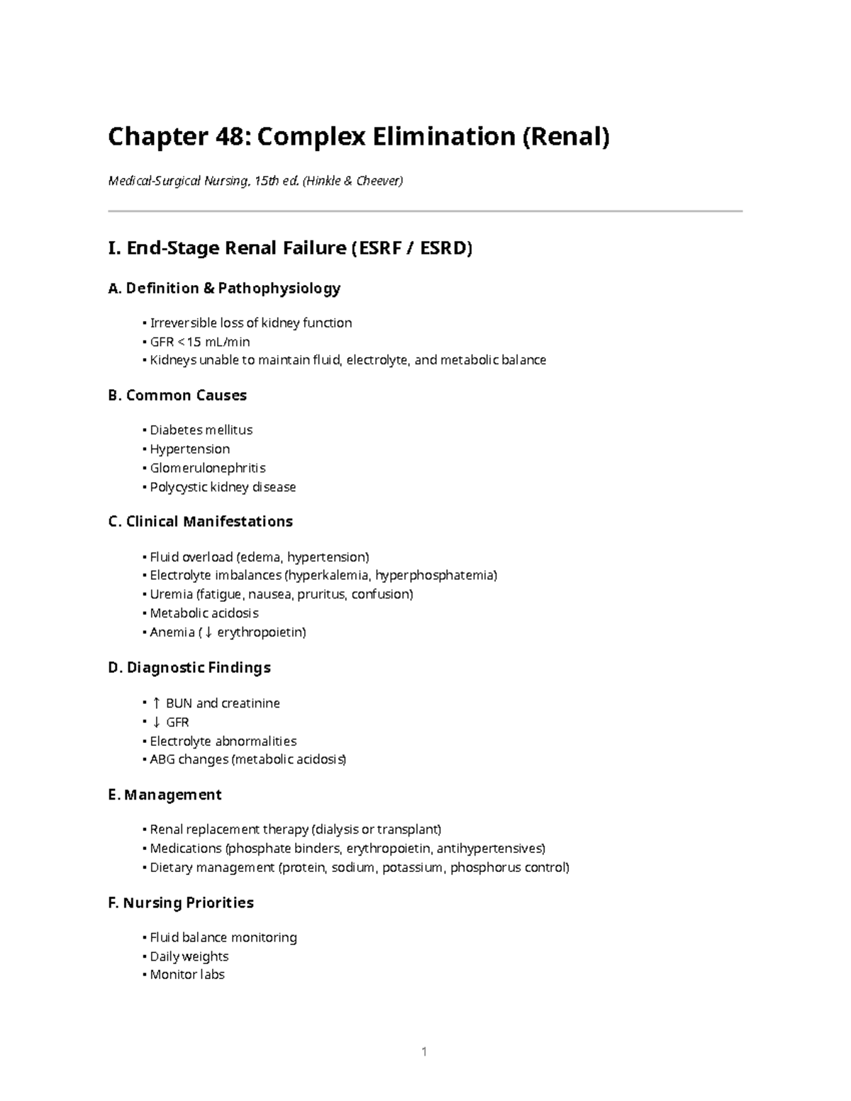 Chapter 48: Complex Elimination (Renal) Nursing Outline - Studocu