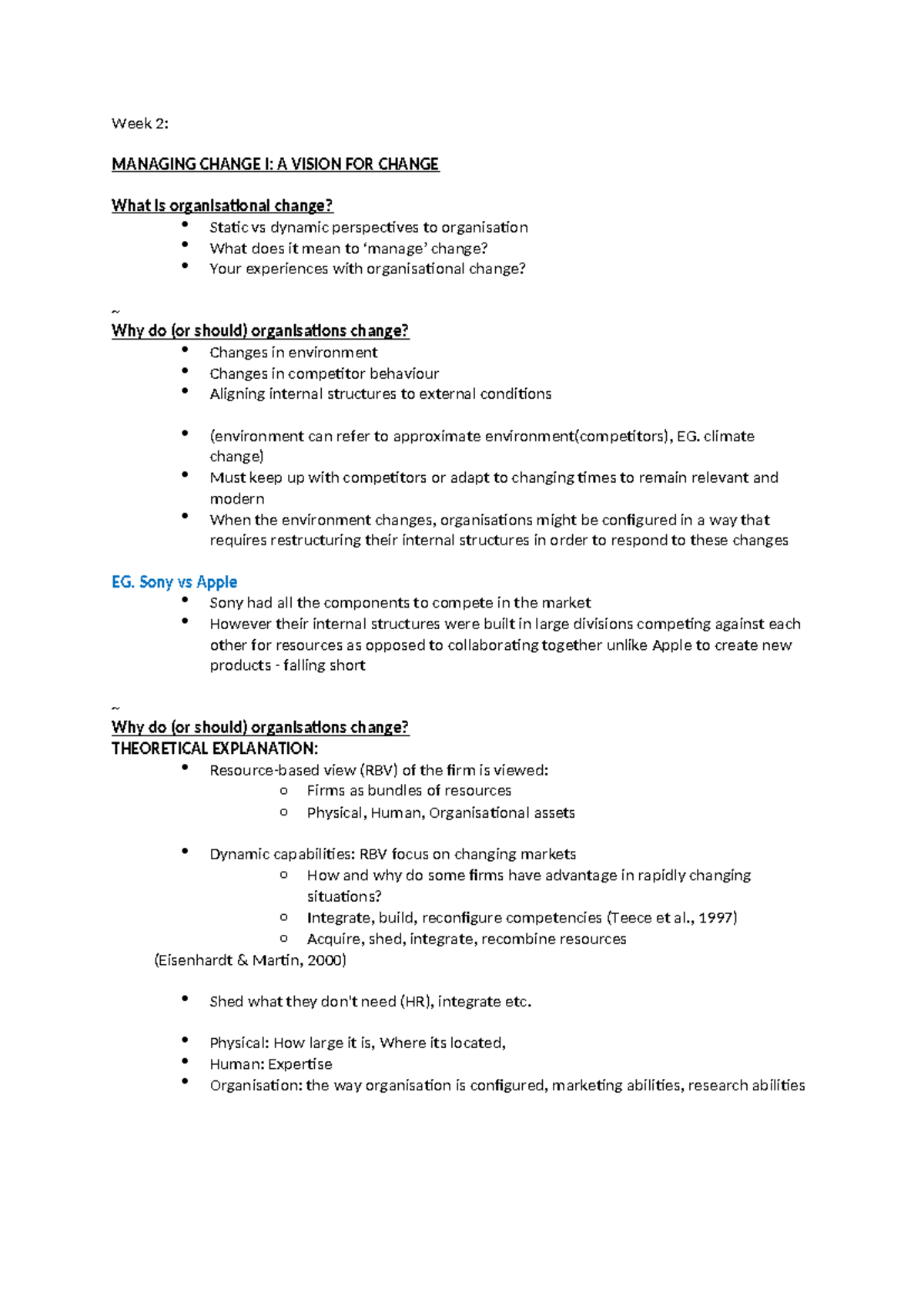 Week 2: Managing Change I - A Vision for Change (Lecture Notes) - Studocu