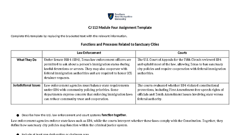 CJ 112 Module 4 Assignment: Sanctuary Cities & Law Enforcement ...