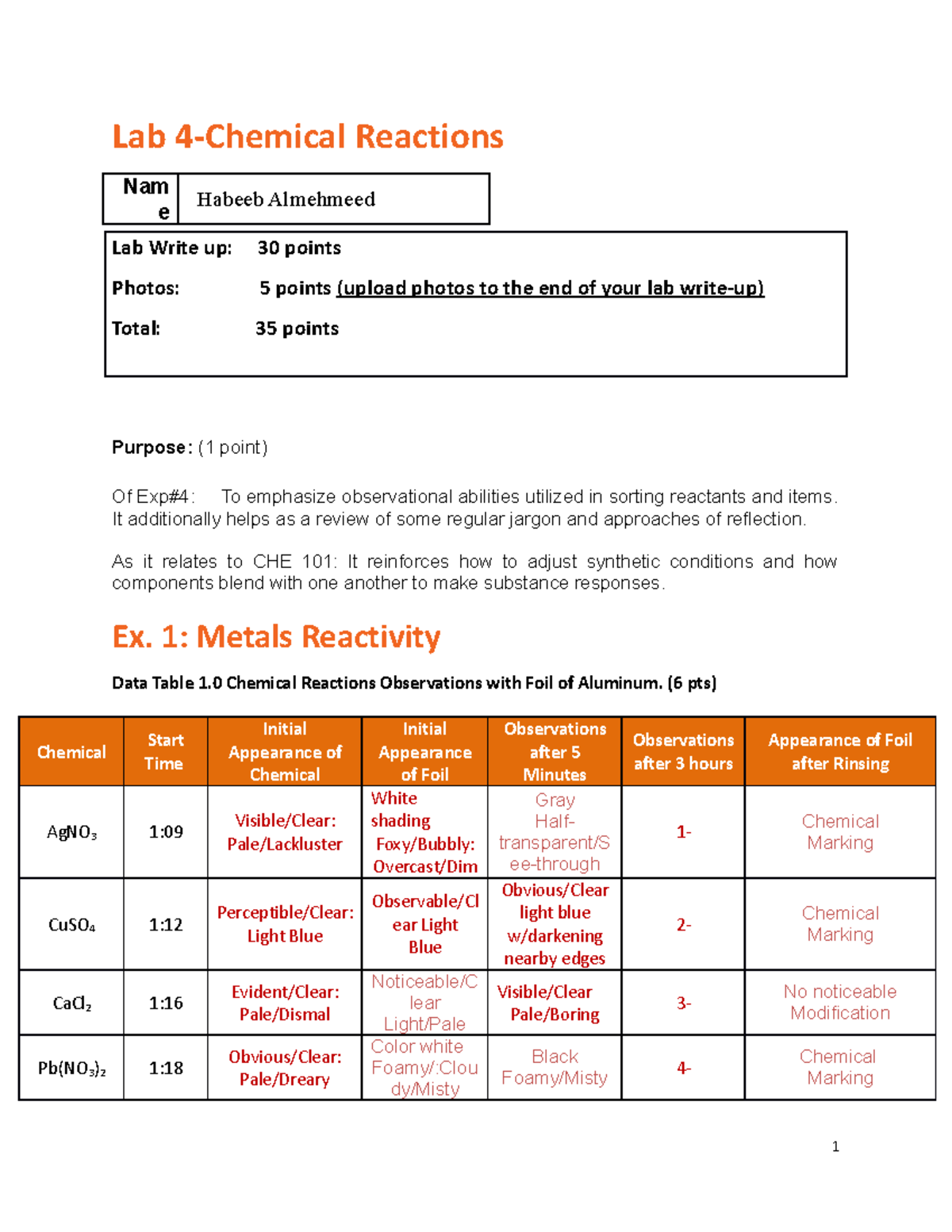 Lab 4 - Chemical Reactions in CHE 101: Observations & Findings - Studocu