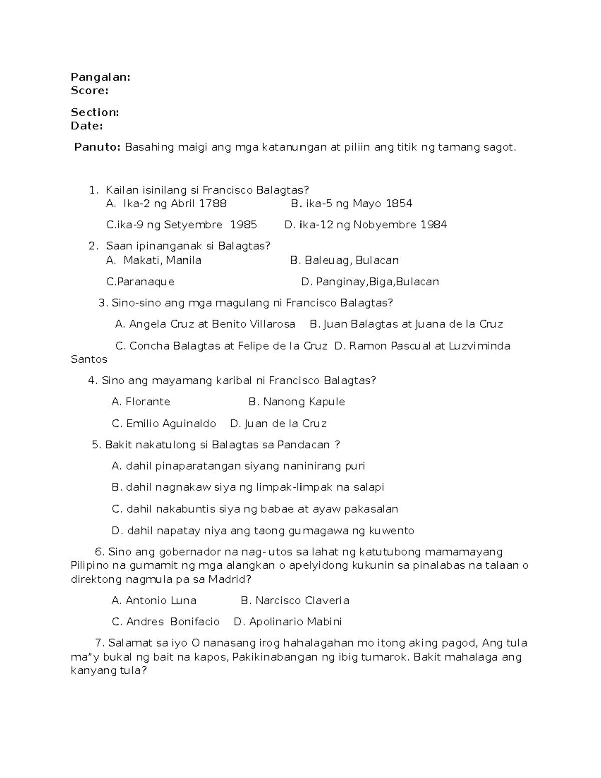 Pre-test filipino - Pangalan: Score: Section: Date: Panuto: Basahing ...