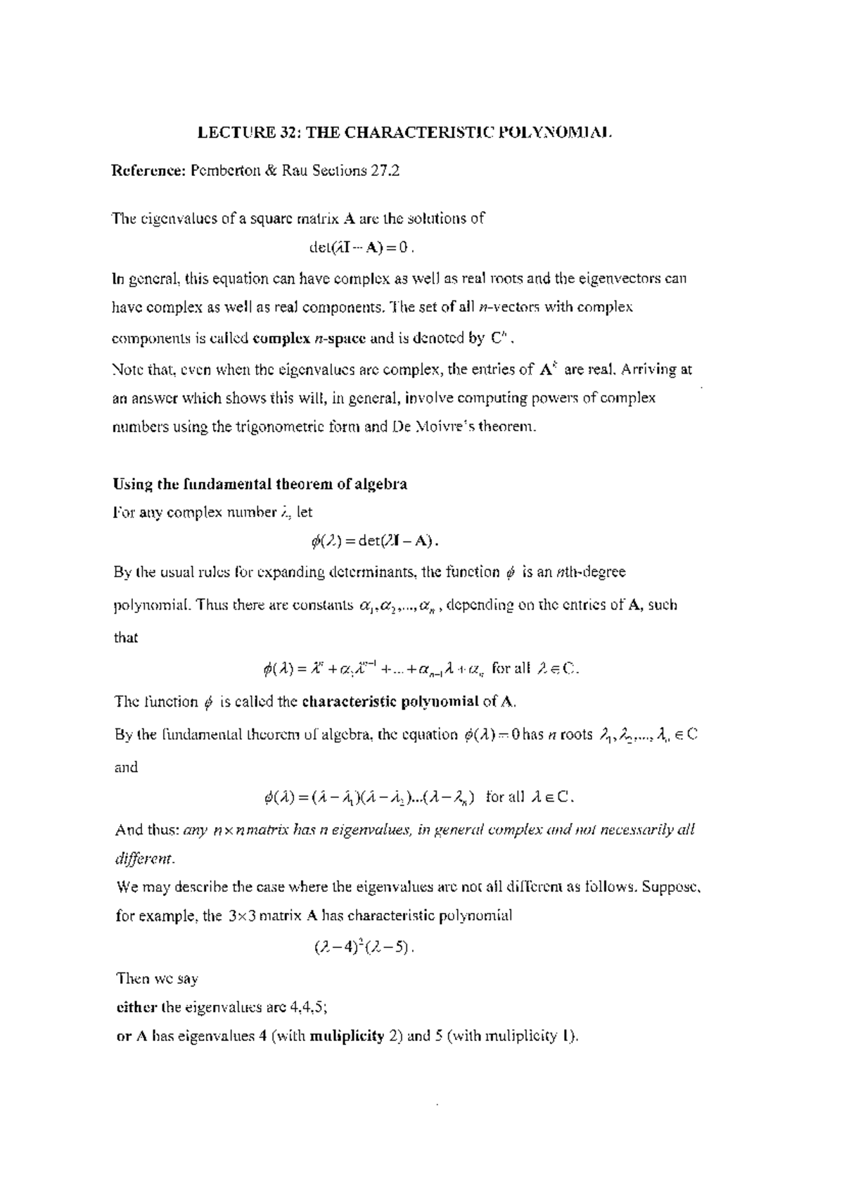 LECTURE 32: CHARACTERISTIC POLYNOMIAL & EIGENVALUES - Studocu