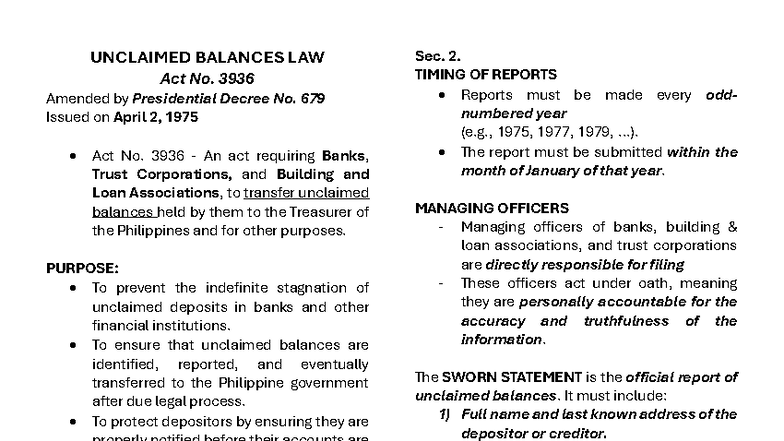 Unclaimed Balances Law: Act No. 3936 & Presidential Decree No. 679 ...